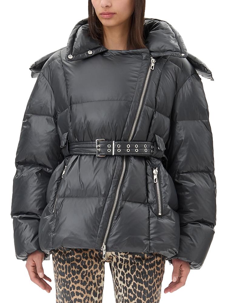 GANNI Ganni Black Shiny Nylon Puffer Jacket with Belt